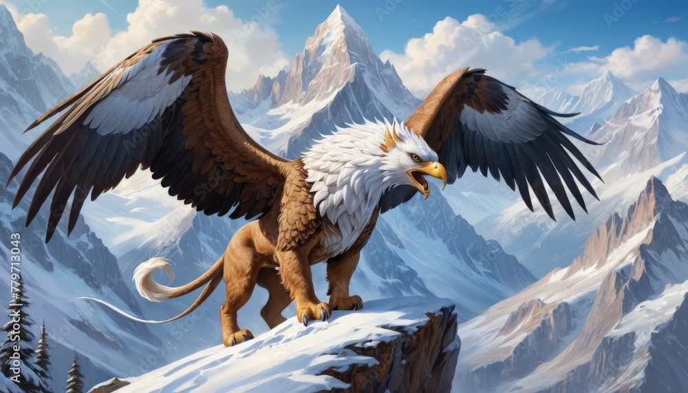 A mythical griffon with a lion's body and eagle's wings stands proudly ...