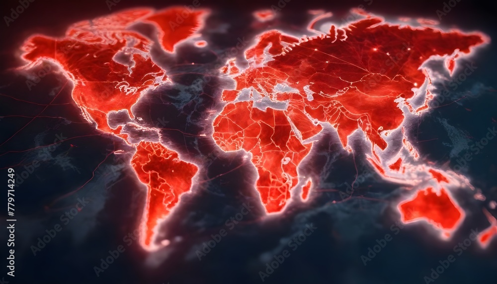 Red colored map of the world. Conception of global network connection ...
