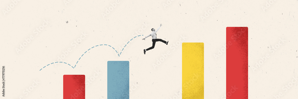 Banner. Contemporary art collage. Young guy, motivated worker jumps ...