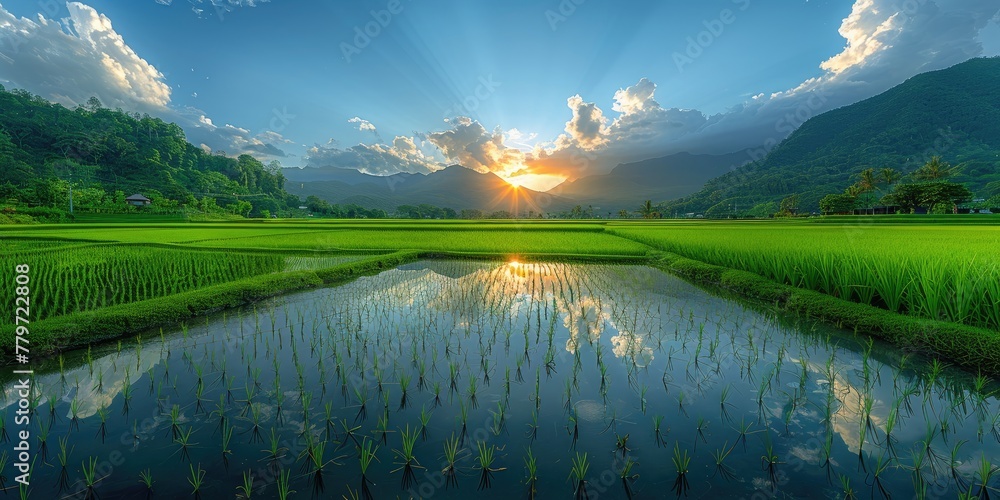 A mesmerizing panorama of lush green rice paddies reflecting the ...
