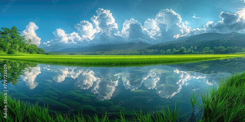 A mesmerizing panorama of lush green rice paddies reflecting the ...