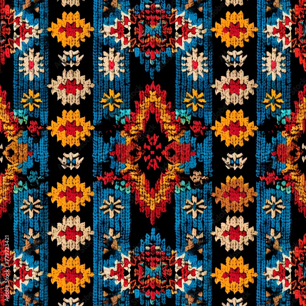 Colorful Aztec Peruvian knit pattern, intricate geometric shapes in a ...