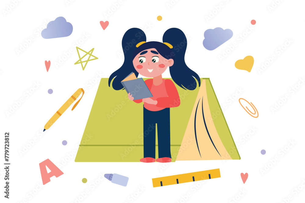 Reading concept with people scene in flat cartoon design. The girl in ...