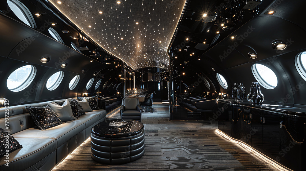 high-end luxury black and gold interior of a private jet, millionaire ...