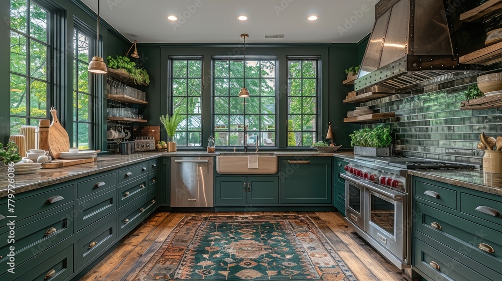 This kitchen is a dream come true for any home chef, with dark green ...