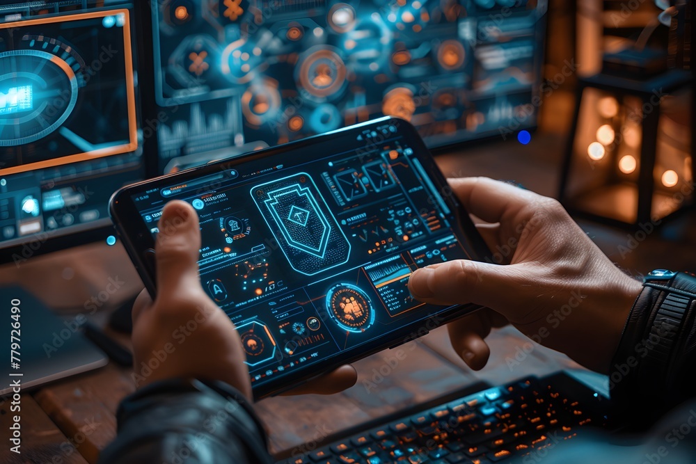 Hand turning on mobile phone security screen in front of monitor with ...