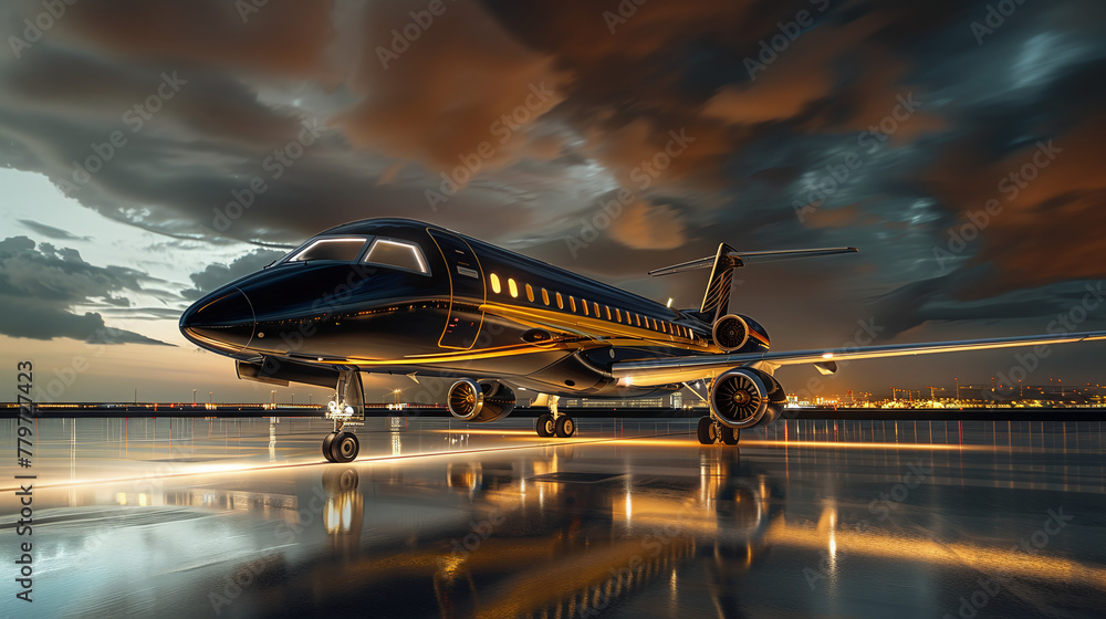 high-end luxury and expensive black and gold private jet at night ...