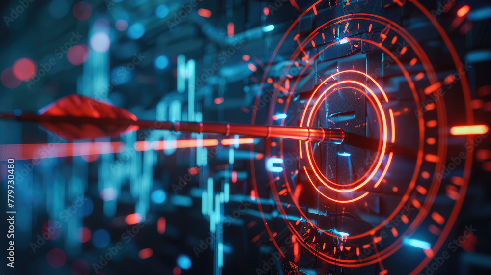 Design a 3D visualization showcasing a dynamic arrow, soaring upwards ...