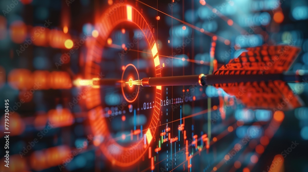 Design a 3D visualization showcasing a dynamic arrow, soaring upwards ...