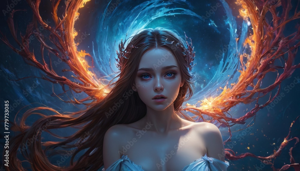 A fantasy muse stands before a fiery celestial vortex in a surreal, otherworldly scene ...