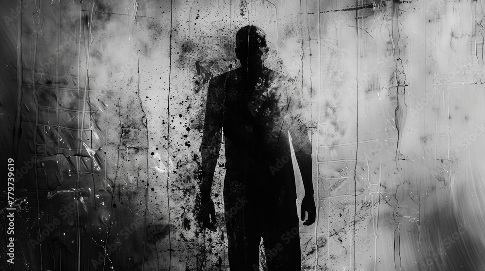 A shadowy blur of a menacing figure is depicted behind frosted glass ...