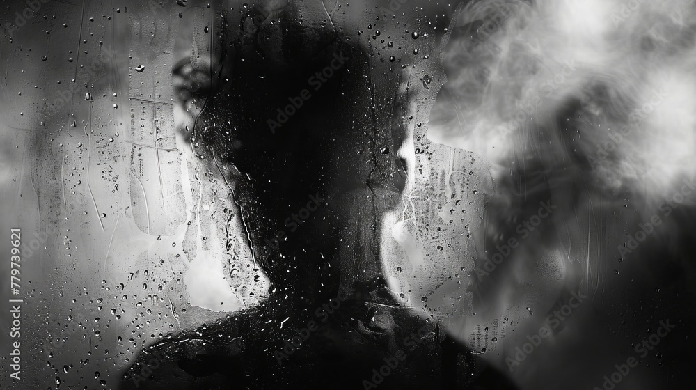 A shadowy blur of a menacing figure is depicted behind frosted glass ...