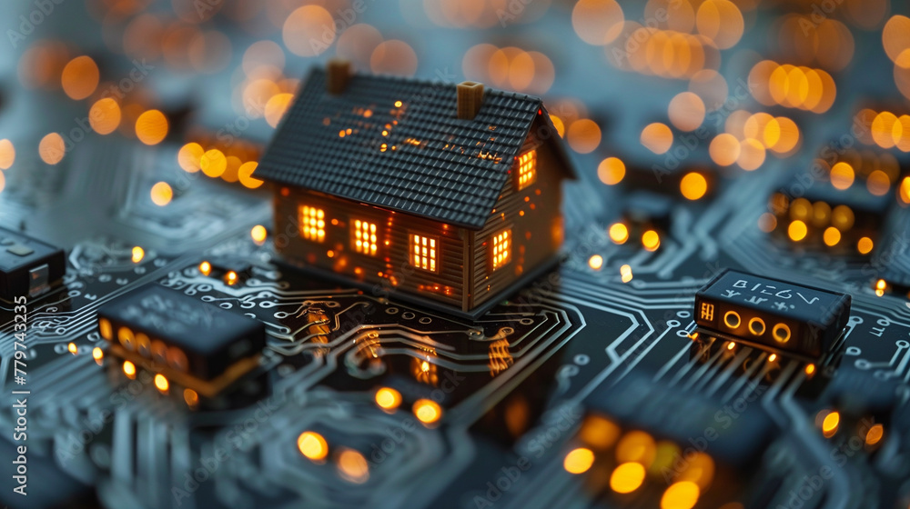 house at the motherboard as a cocept, building at the microchip 3d ...