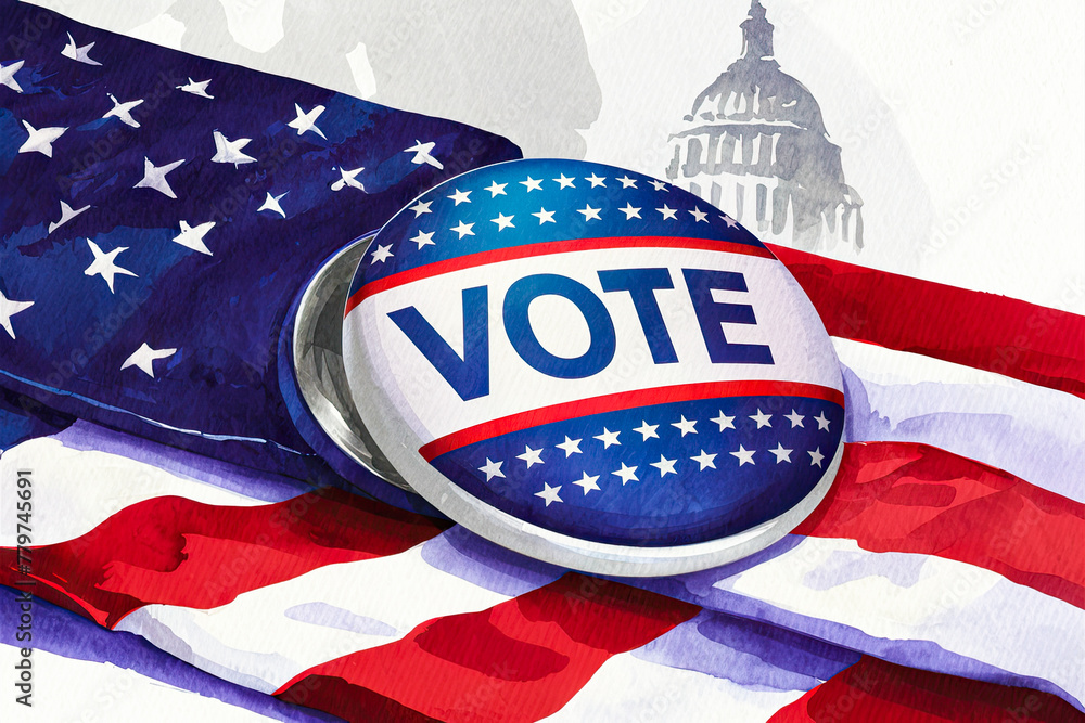 Vote election badge button with text VOTE for 2024 background, lying at the American flag , vote ...