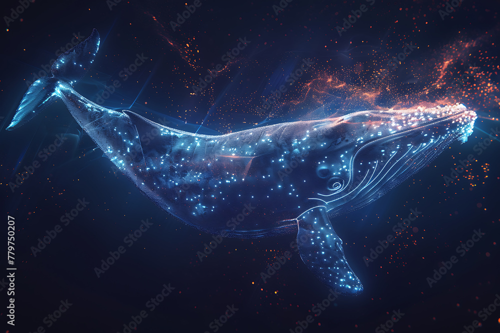 Glowing wireframe visualization of a majestic whale against a ...