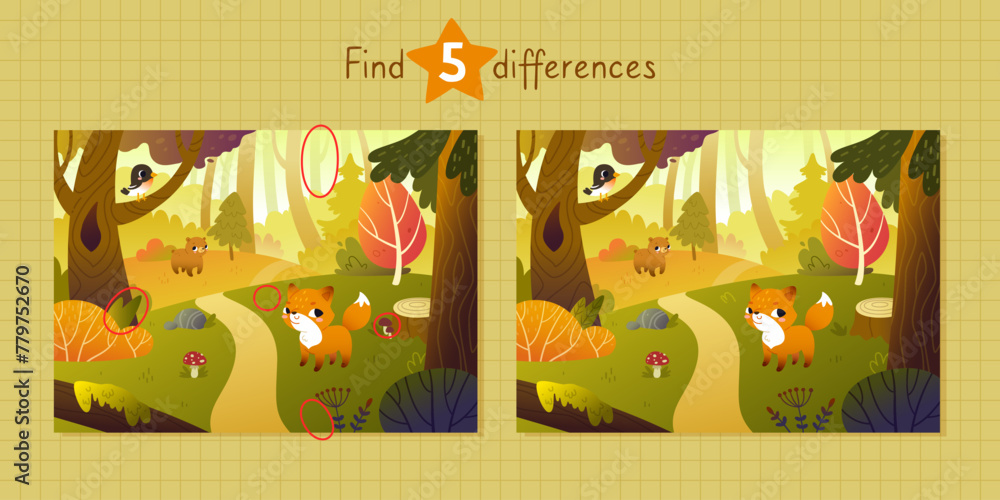 Cartoon mini game for kids with woodland animals. Find differences ...