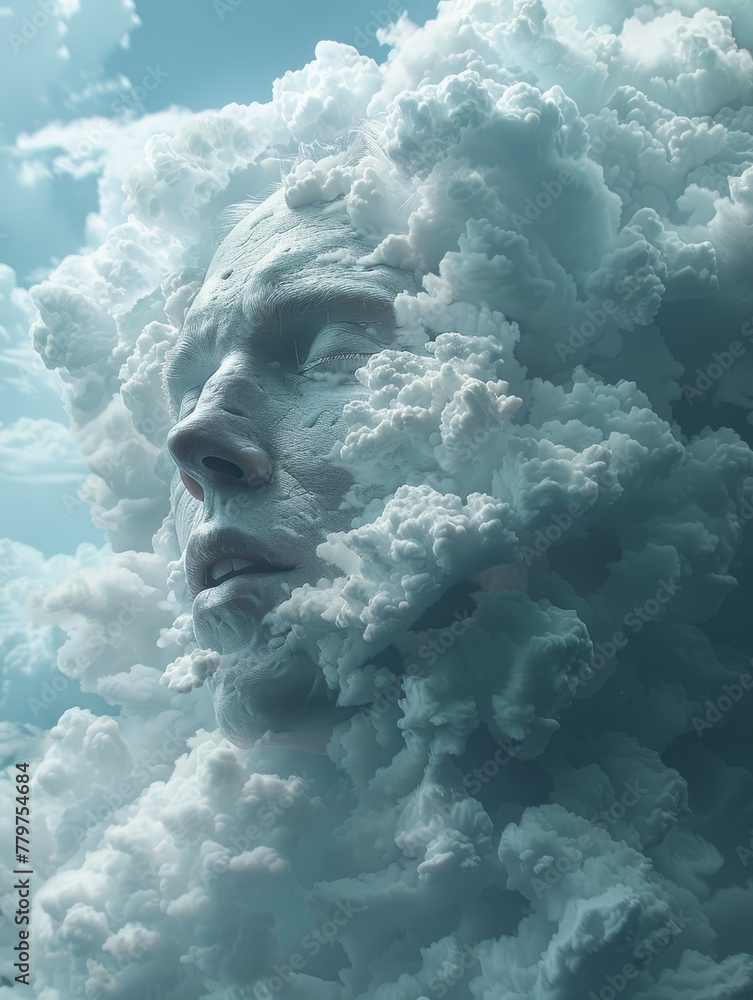 Mind in the clouds: Surreal concept art portraying a head emerging from ...
