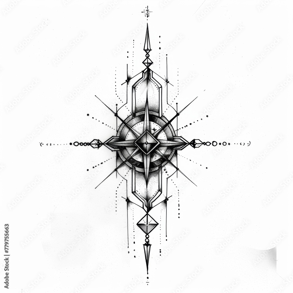 Minimalist compass rose design featuring prominent hexagonal elements ...