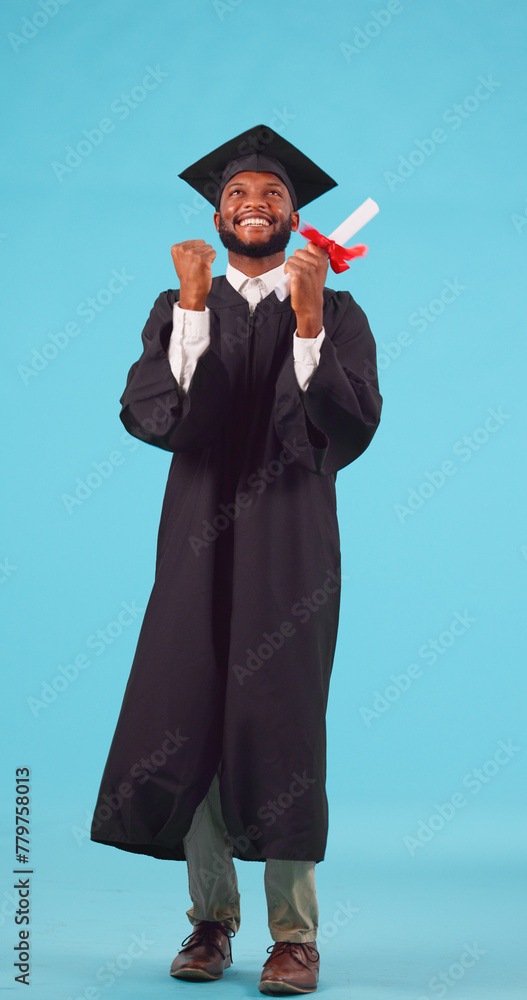 Graduation, dance and college with black man and diploma for education ...