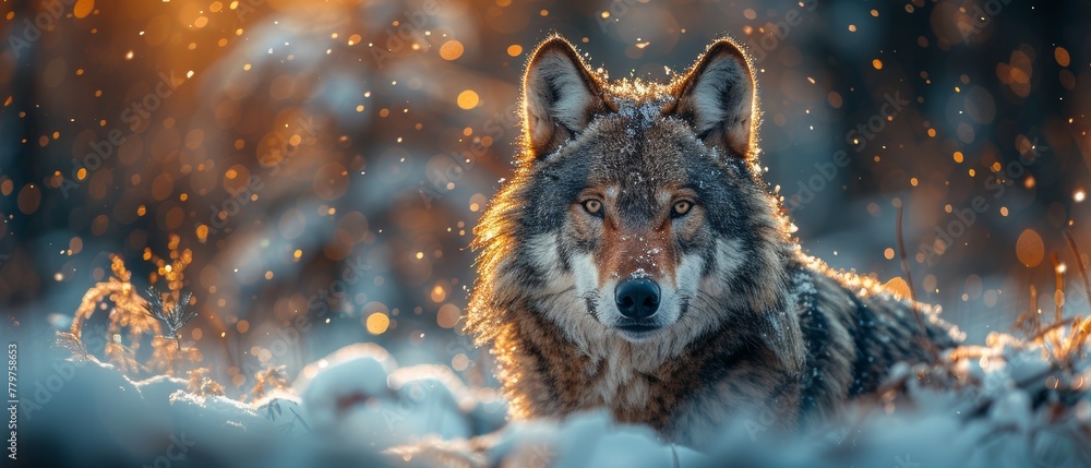 Stunning portrait of a grinning gray wolf, canis lupus, poised to ...