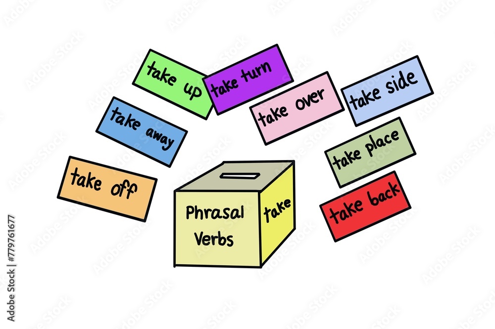 Hand drawn picture of box Phrasal verbs and colorful cards, set of ...