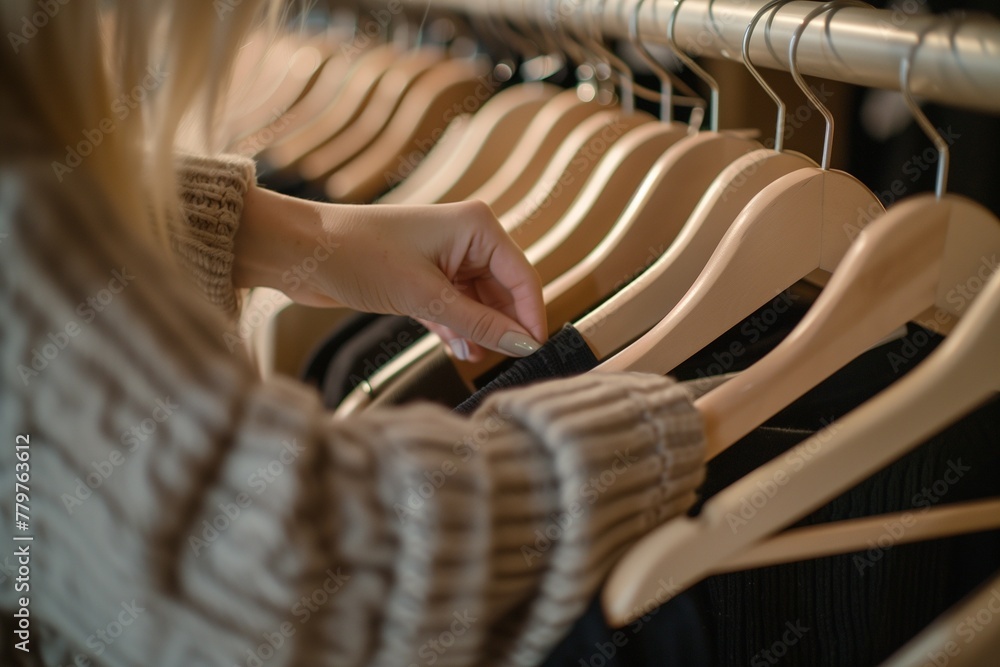 Close up of hands holding a hanger in a room, a woman doing house ...