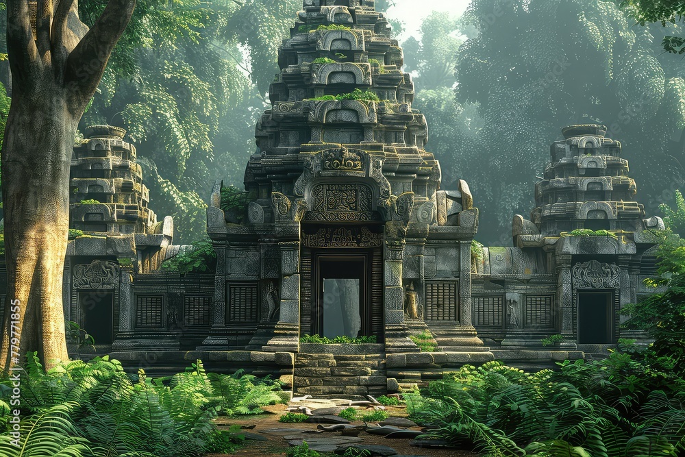 An ancient temple lost in the jungle. The temple's symmetrical design ...