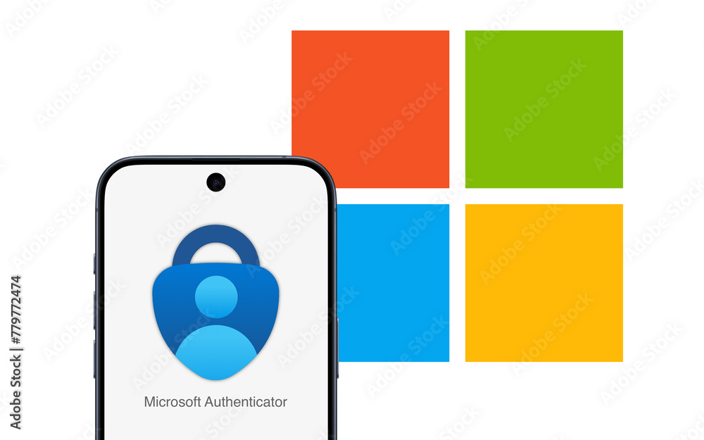 Microsoft Authenticator App logo is displayed on a modern smartphone ...