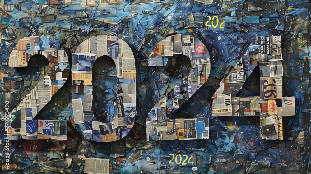 Complex collage artwork with numbers '2024' made from newspaper ...