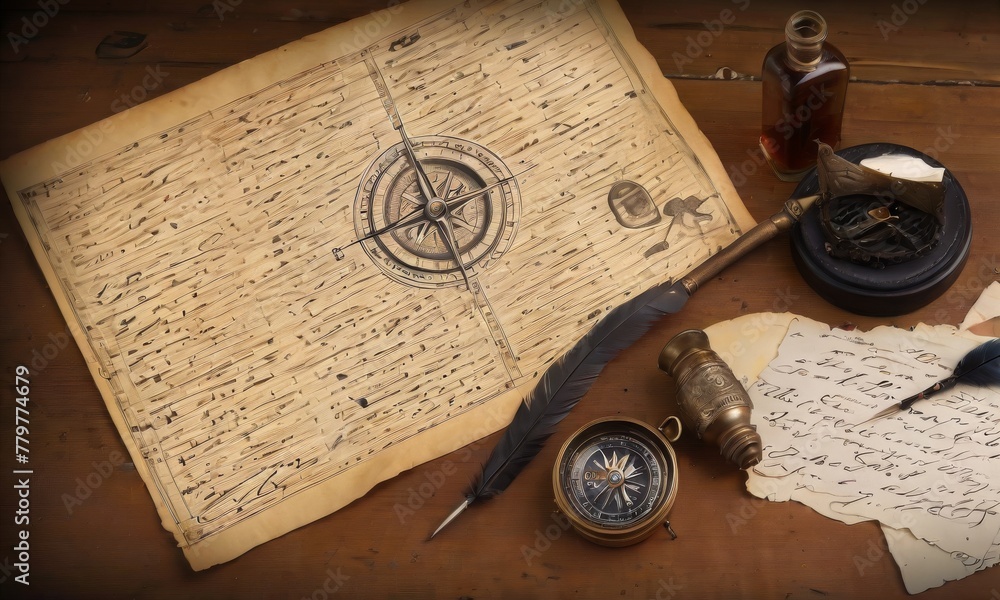 This still life captures cartography tools beside a compass on a well ...