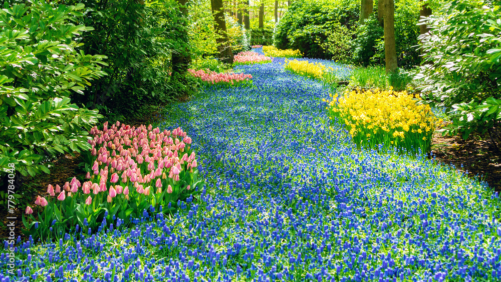 Artificial river made with flowers in landscape design of parks and ...