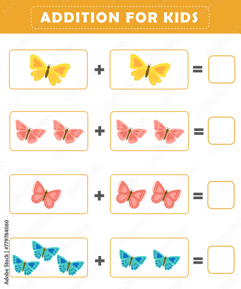 Preschool addition worksheet with cute butterfly illustration. Math ...