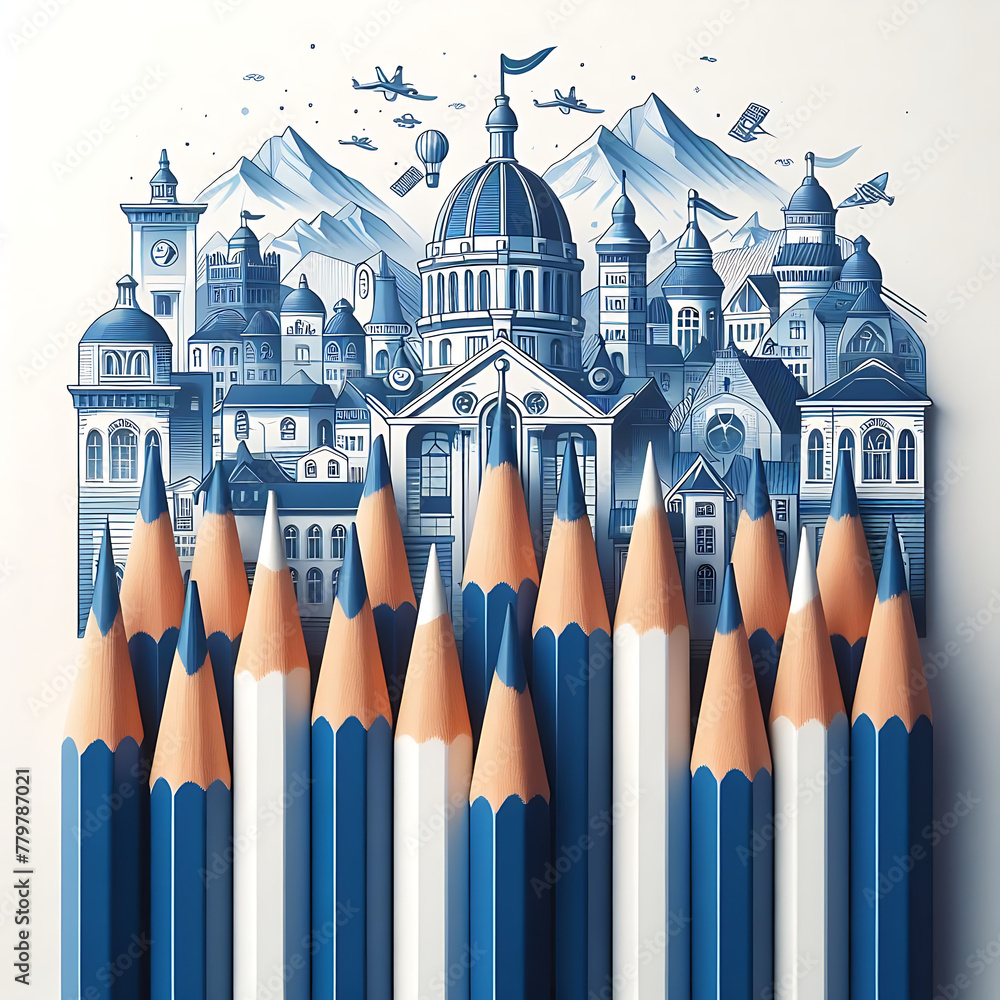 artistic tools, drawing and creativity concept. Shades of blue crayons ...