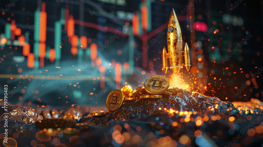 Gold rocket launches gold coins Gold stock market price rises Finance ...