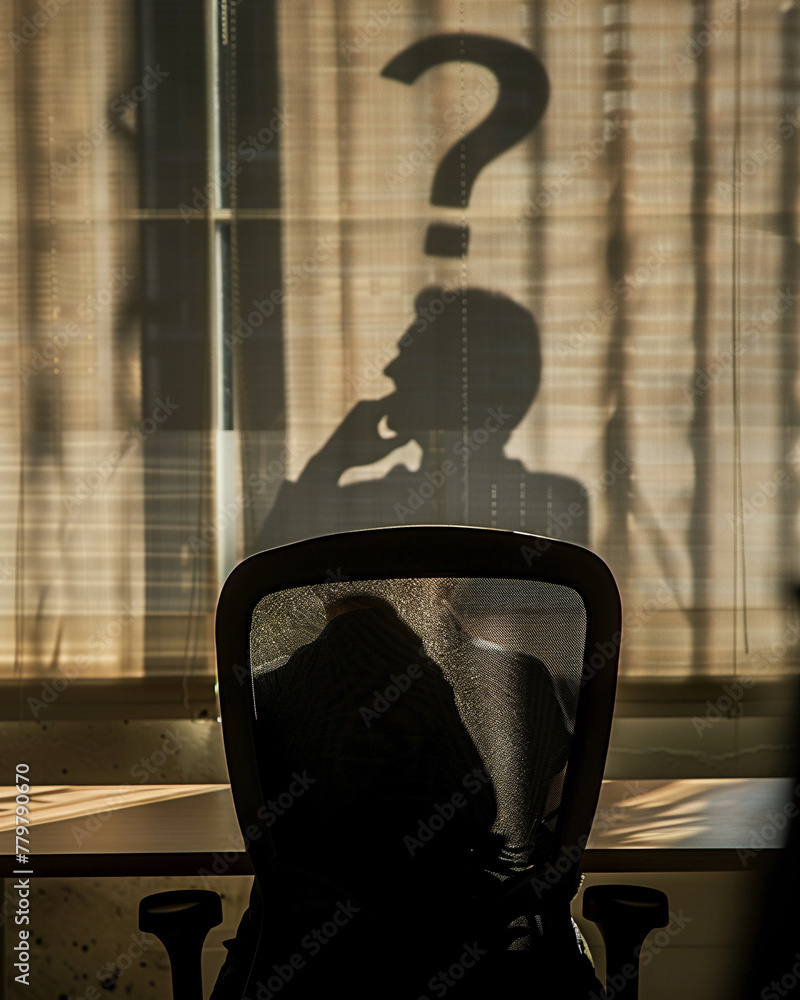 Shadow of a person in an office chair, pondering over a complex ...