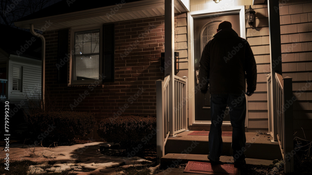 Crime scene a burglar attempting to break into a home at night Stock ...