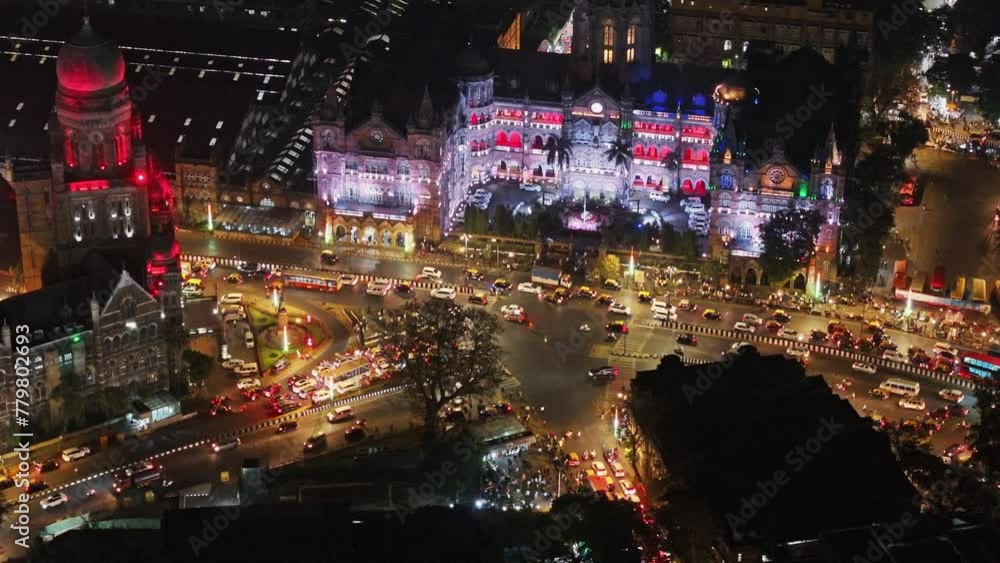 Aerial view of a busy road intersection in front of Chhatrapati Shivaji ...
