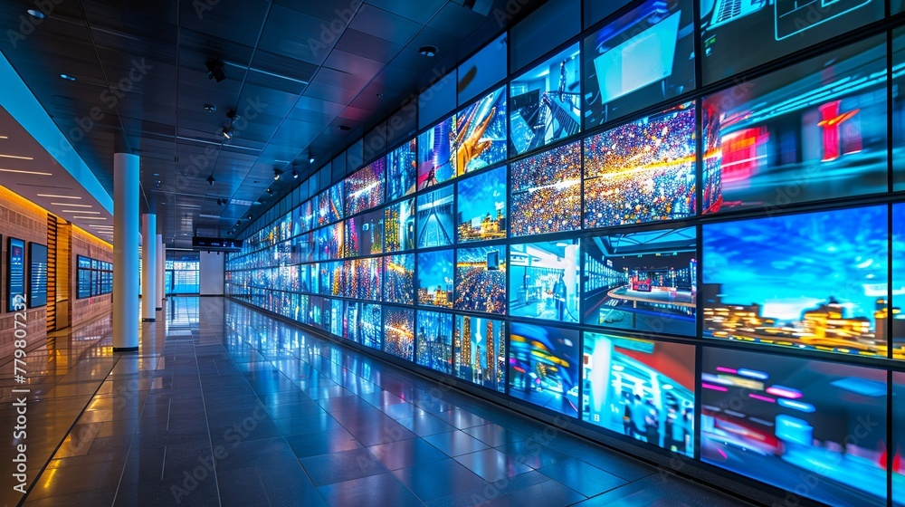 Multiscreen video wall in a media center, displaying a spectrum of ...