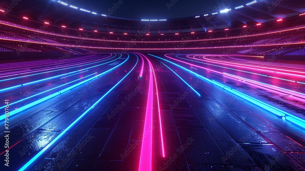 A futuristic 3D render of glowing neon track and field on a black ...