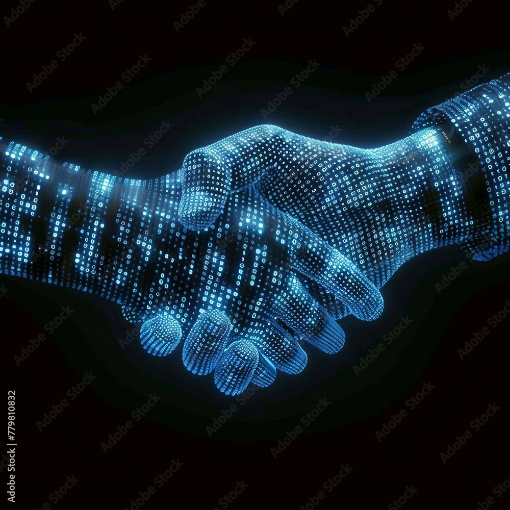digital blue handshake with glowing binary code, artificial intelligence in virtual business ...