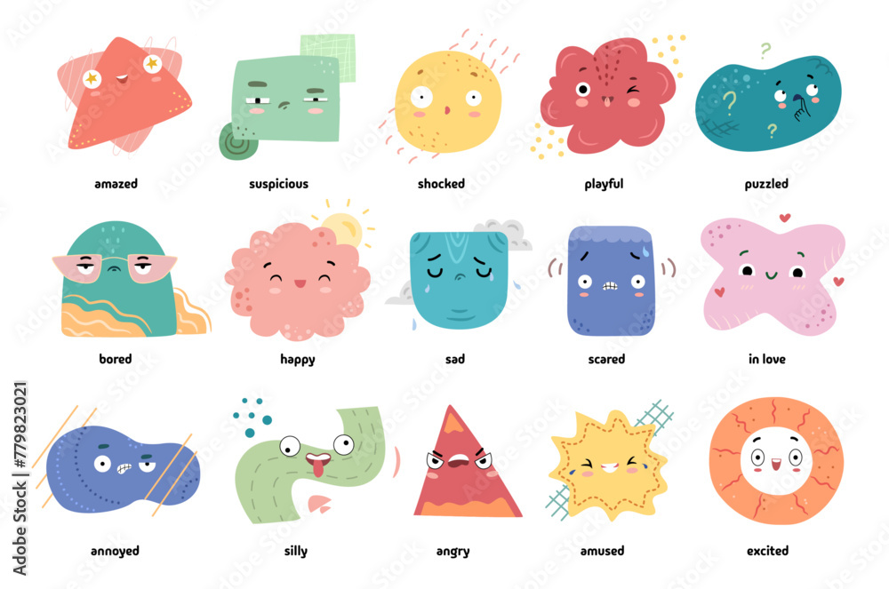 Abstract cute face emotions. Vector simple shapes mascots. Amazed and ...