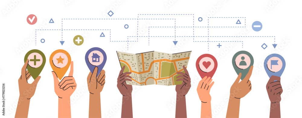 Traveling with modern navigation and gps system. Vector isolated hands ...