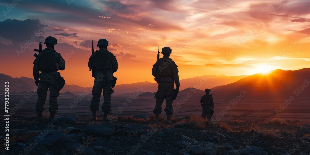 Four soldiers stand on a hillside, looking out over a beautiful sunset ...