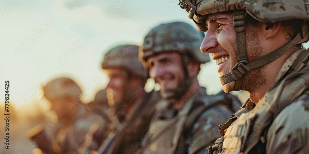 A group of soldiers are smiling and posing for a picture. Scene is happy and positive, as the ...