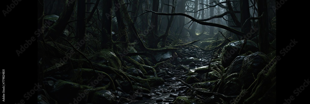 Immerse yourself in the haunting beauty of a dimly-lit forest, where an ...