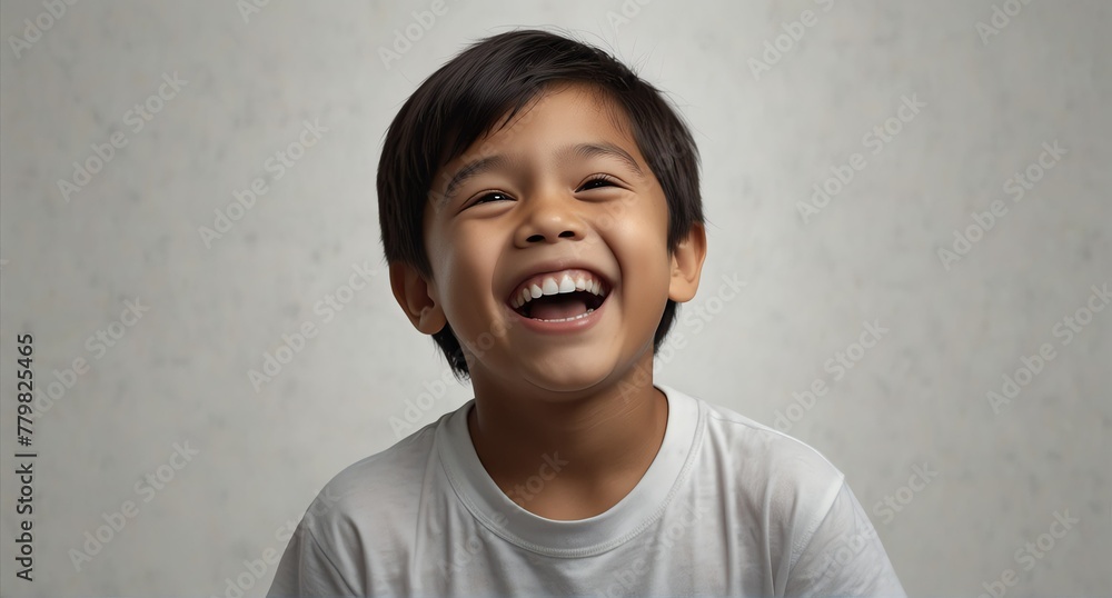 young filipino child boy on plain bright white background laughing ...