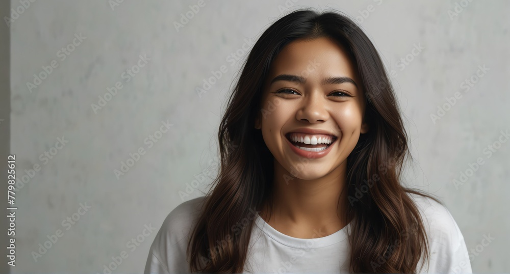 young filipino woman on plain bright white background laughing ...