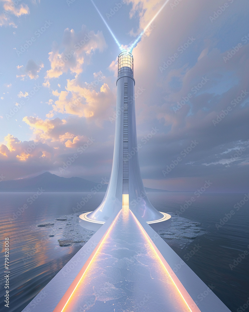 Futuristic lighthouse with beams projecting paths in multiple ...