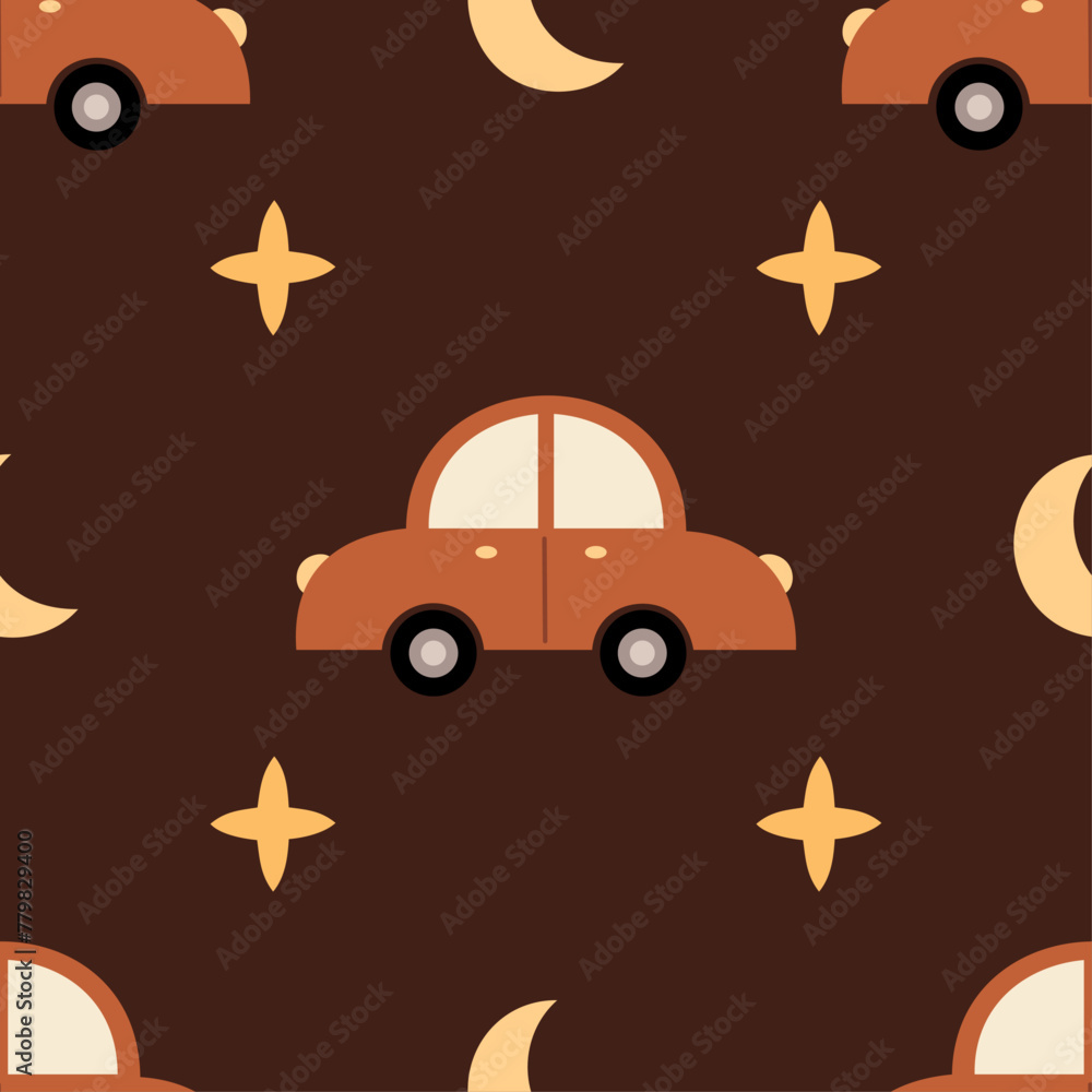Seamless pattern with car, moon and stars in cartoon flat style. Kids ...