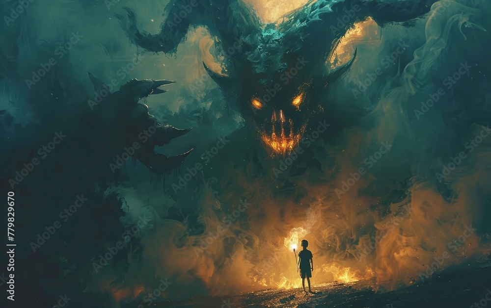 Gloomy fantasy theme depicting a young man holding a flaming torch ...